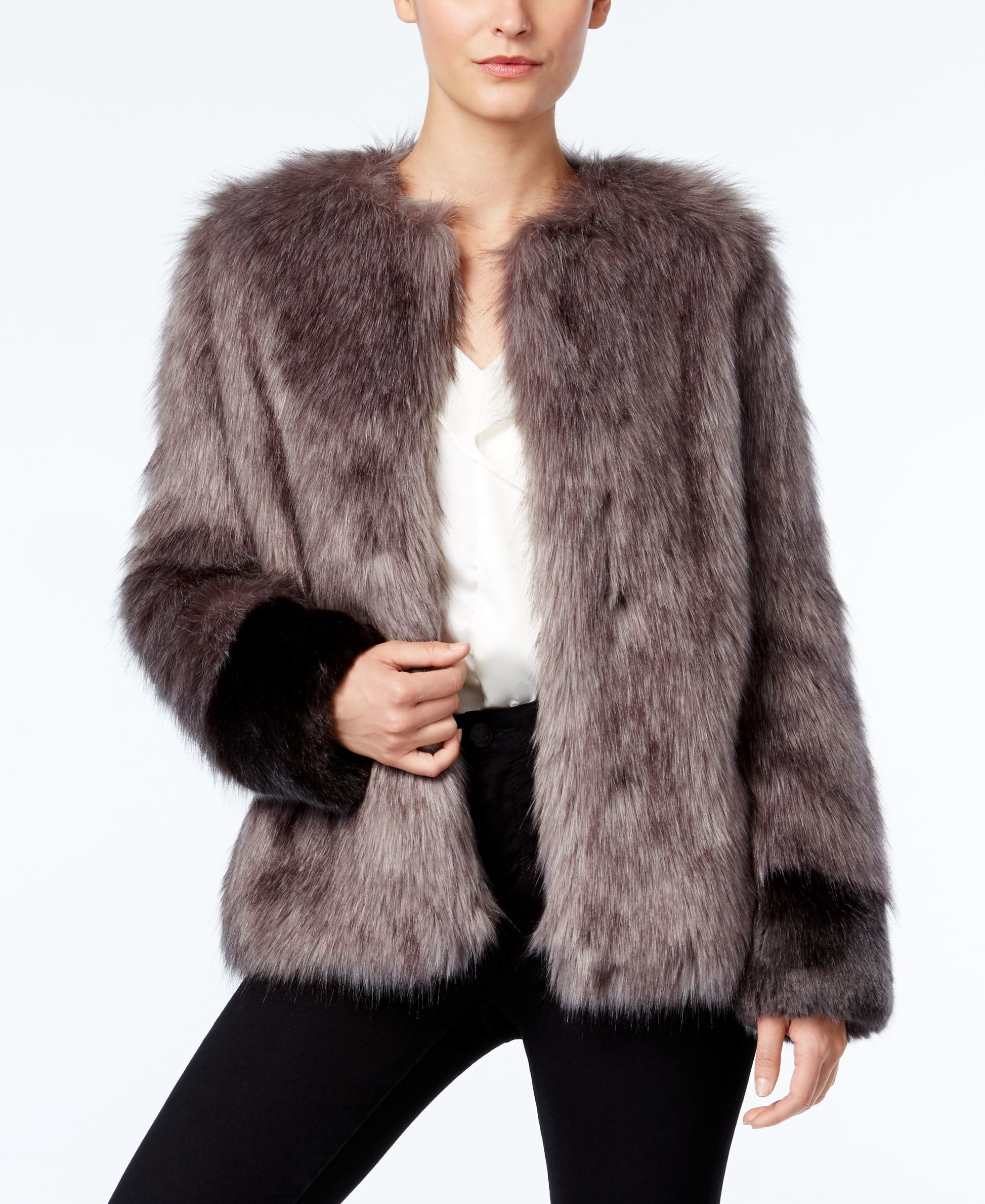 Lyst Vera Wang Coat Collarless Faux Fur Contrast Coat In Gray